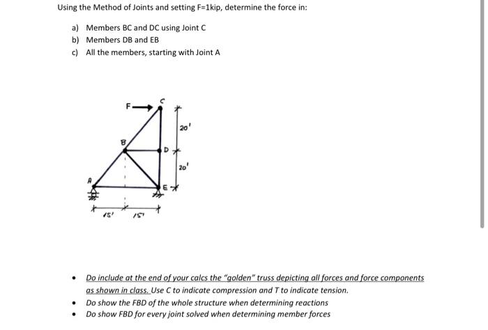 Solved Using the Method of Joints and setting F=1kip, | Chegg.com