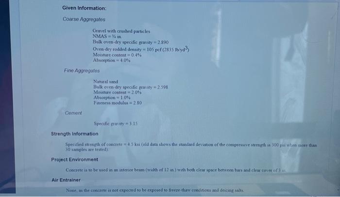 Solved design concrete mix with given information USING THE | Chegg.com