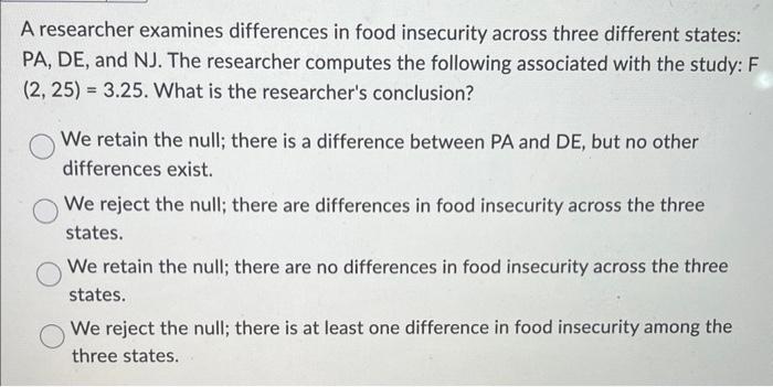 Solved A researcher examines differences in food insecurity | Chegg.com