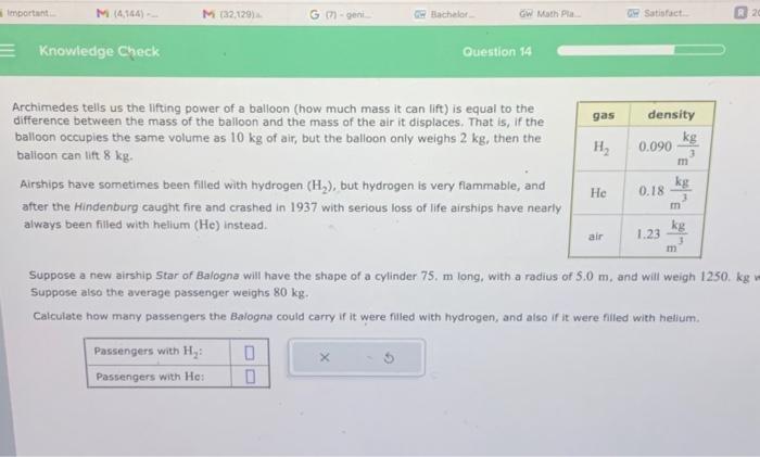 Solved Archimedes tells us the lifting power of a balloon | Chegg.com