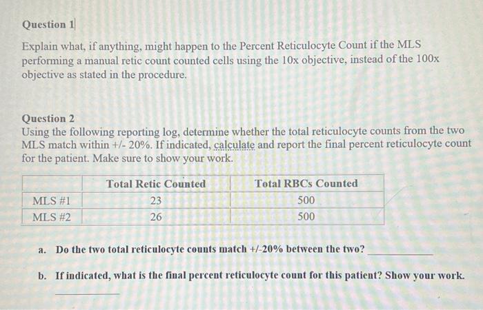 Solved Manual Reticulocyte Count Procedure 1 Add Two Drops