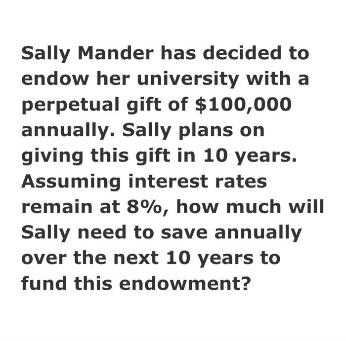 Solved Sally Mander has decided to endow her university with | Chegg.com
