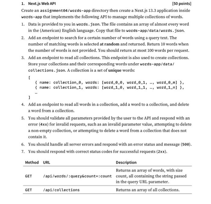 Solved 1. Next.js Web API [50 points] Create an assignment | Chegg.com