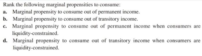 Solved Rank the following marginal propensities to consume: | Chegg.com