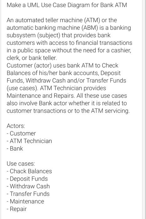 Solved Make a UML Use Case Diagram for Bank ATM An automated | Chegg.com