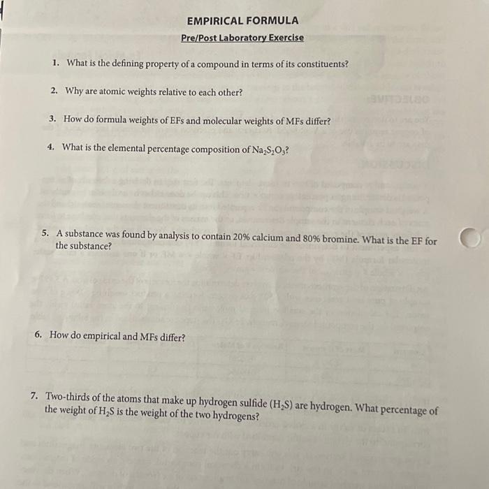 Solved EMPIRICAL FORMULA Pre/Post Laboratory Exercise 1. | Chegg.com