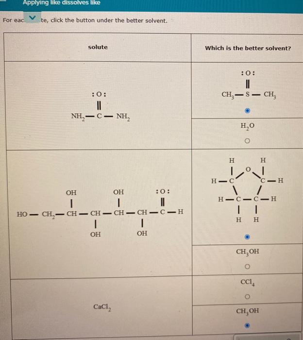 Solved Applying like dissolves like For eac te, click the | Chegg.com