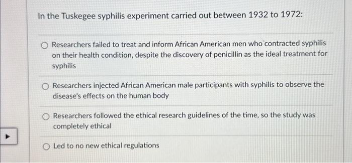Solved In the Tuskegee syphilis experiment carried out | Chegg.com