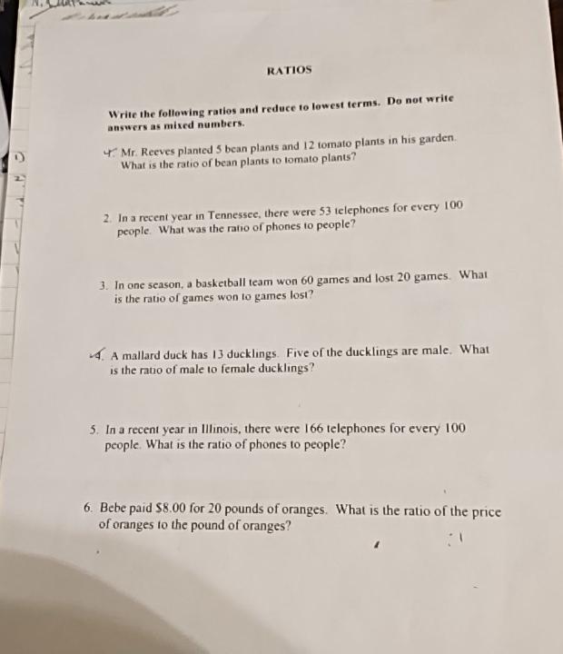 Solved RATIOSWrite the following ratios and reduce to lowest | Chegg.com