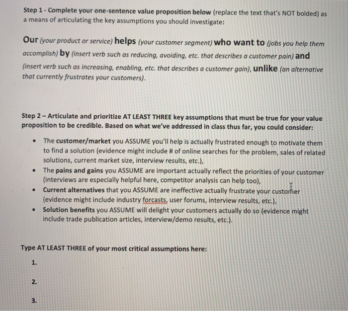 Step 1 - Complete your one-sentence value proposition | Chegg.com
