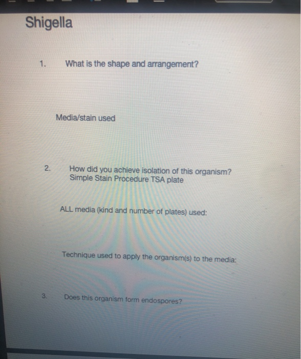 Solved Shigella 1. What is the shape and arrangement? | Chegg.com