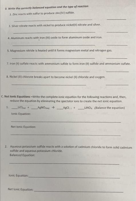 Solved B. Write the correctly balanced equation and the type | Chegg.com
