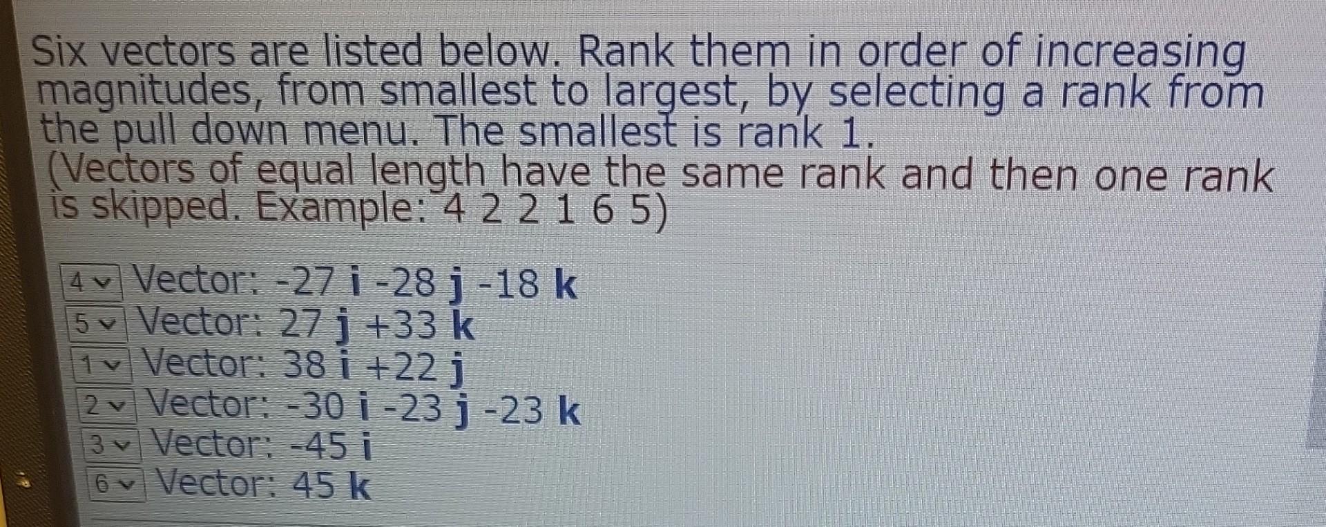 Solved Six vectors are listed below. Rank them in order of | Chegg.com