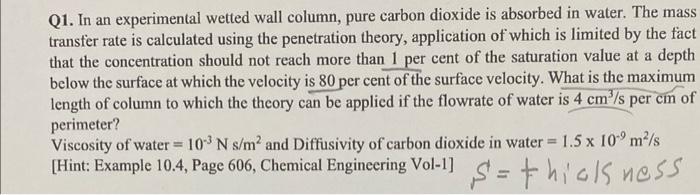 Solved Q1. In an experimental wetted wall column, pure | Chegg.com