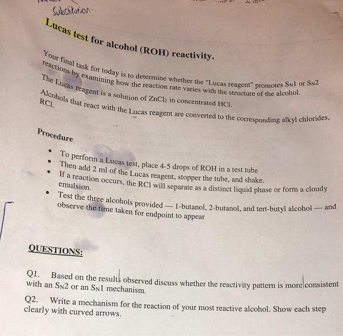 Solved Substitution. Lucas test for alcohol (ROH) | Chegg.com