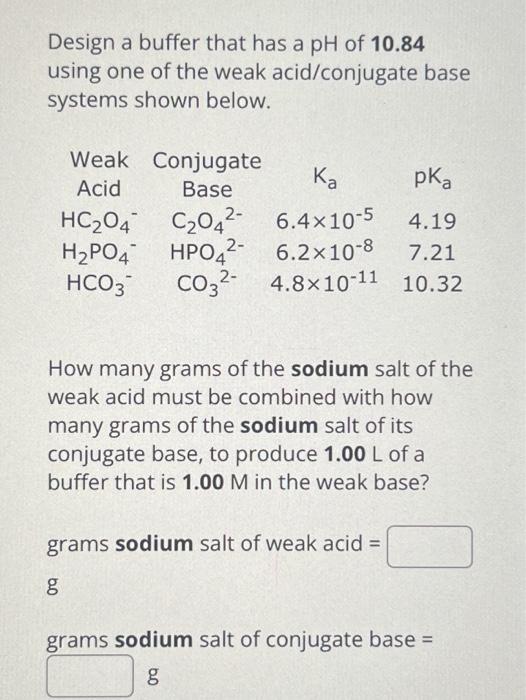 Solved Design a buffer that has a pH of 10.84 using one of | Chegg.com