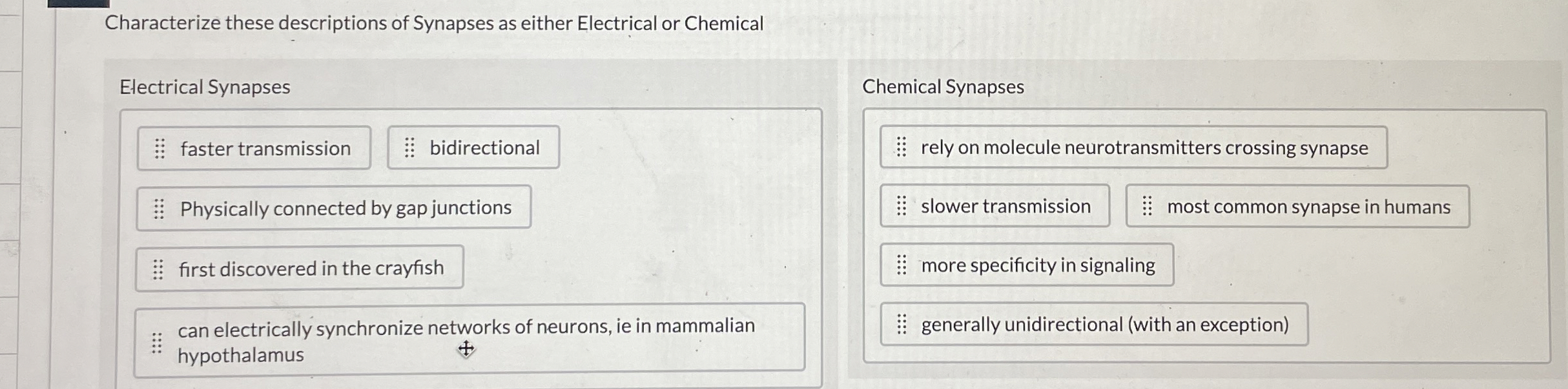 Solved Characterize these descriptions of Synapses as either | Chegg.com