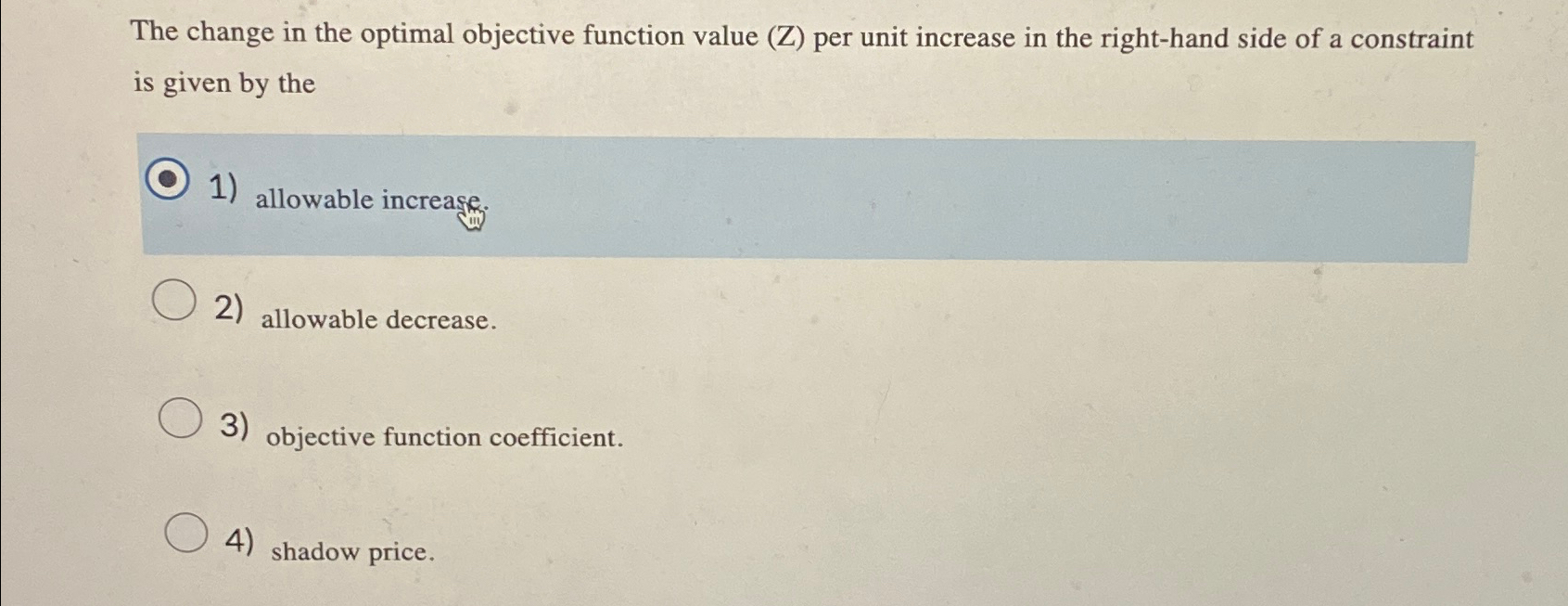 Solved The change in the optimal objective function value | Chegg.com
