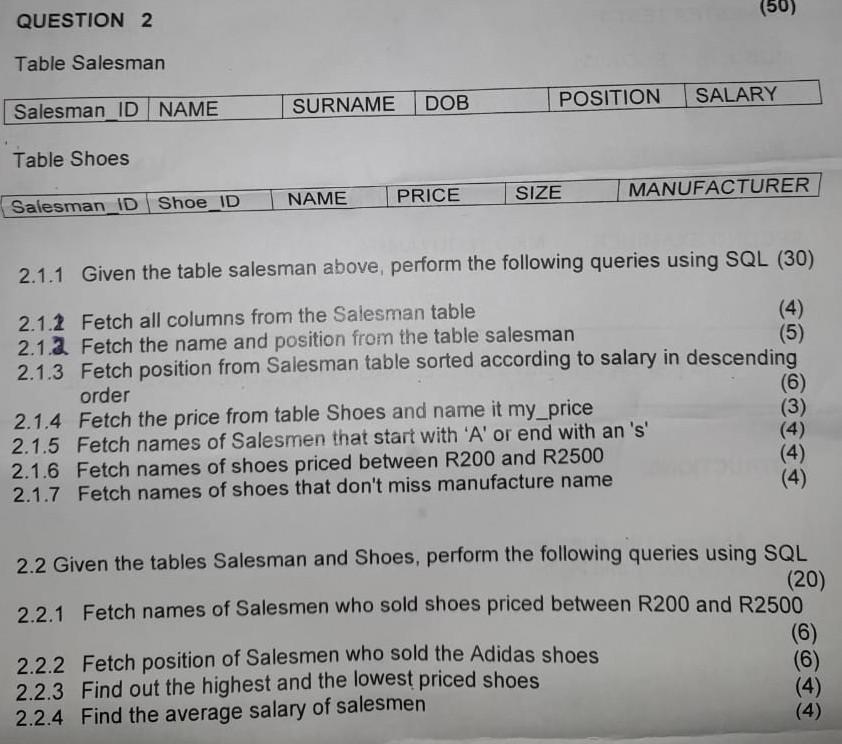Solved 2.1.1 Given the table salesman above, perform the | Chegg.com