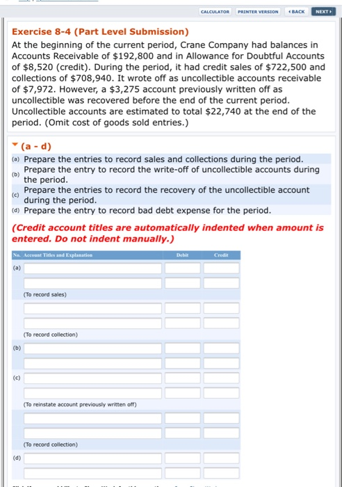 Solved BACK NEXT CALCULATOR PRINTER VERSION Exercise 8-4 | Chegg.com