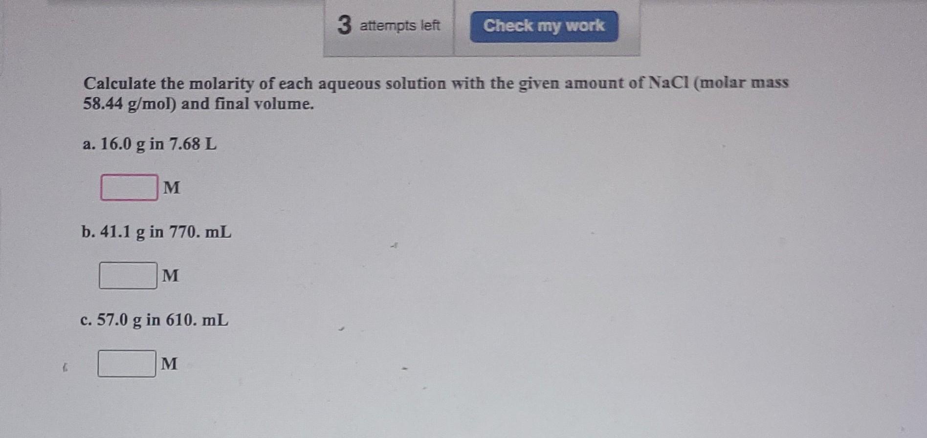 Solved Calculate the molarity of each aqueous solution with | Chegg.com