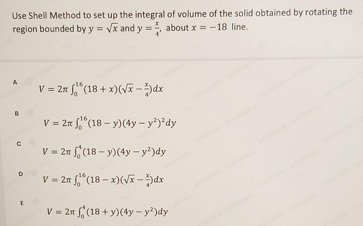 Use Shell Method to set up the integral of volume of | Chegg.com
