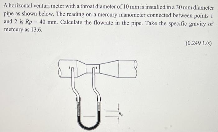 Solved A horizontal venturi meter with a throat diameter of | Chegg.com