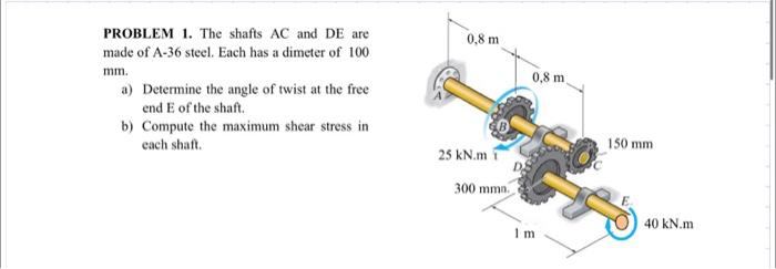 Solved PROBLEM 1. The shafts AC and DE are made of A-36 | Chegg.com