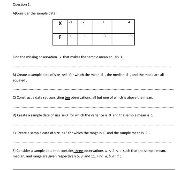 Solved A)Consider the sample data: Find the missing | Chegg.com