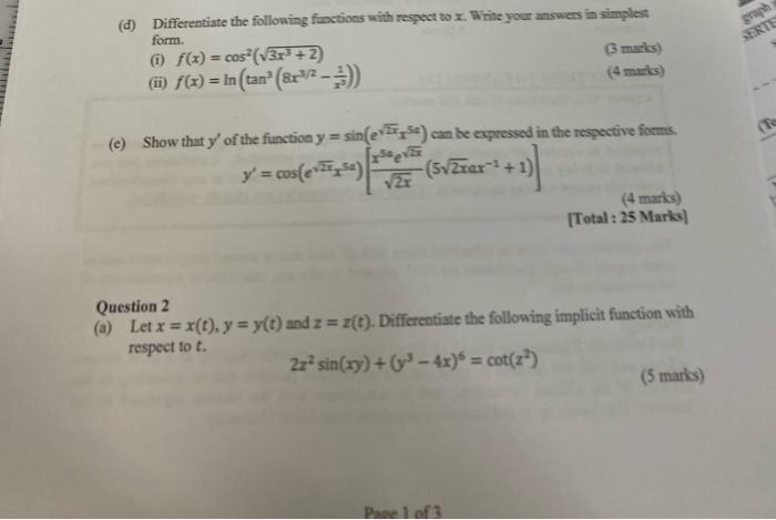 Solved (d) Differentiate the following functions with | Chegg.com