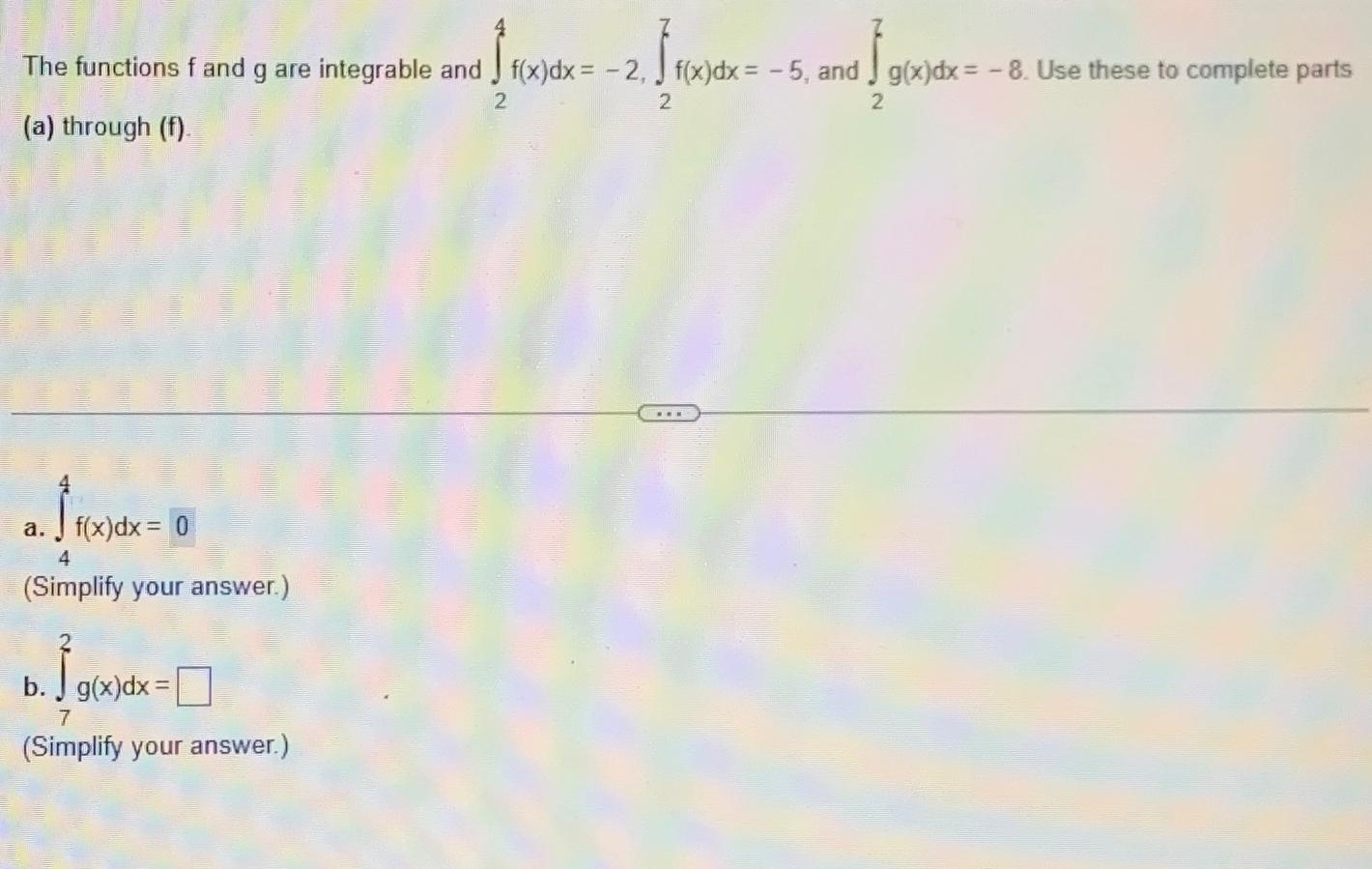 Solved The functions f ﻿and g ﻿are integrable and | Chegg.com