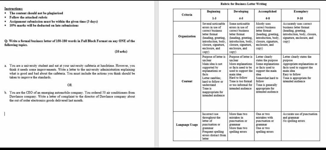 Solved Rubric for Business Letter Writing Beginning | Chegg.com