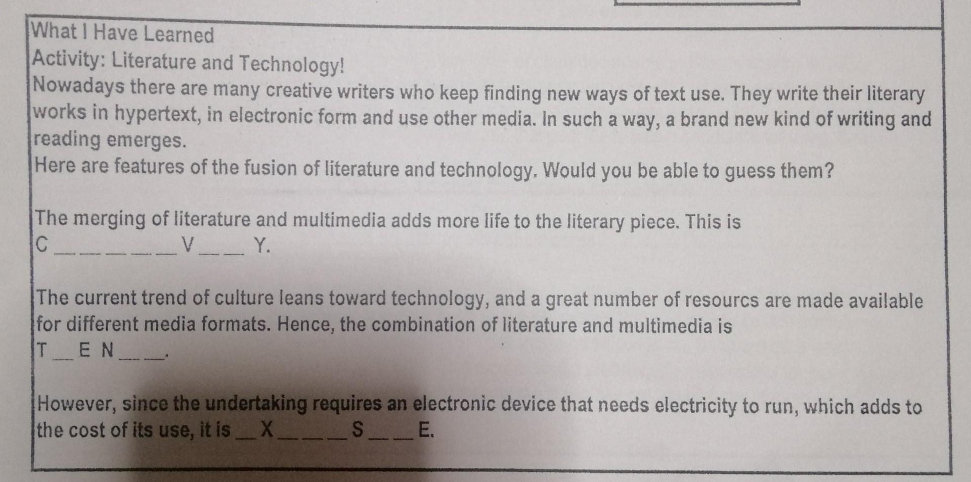 Solved What I Have Learned Activity: Literature and | Chegg.com