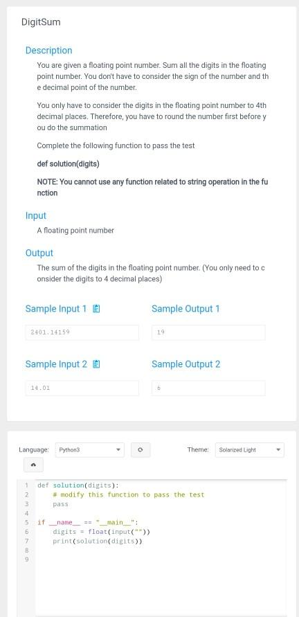DigitSum Description You are given a floating point | Chegg.com