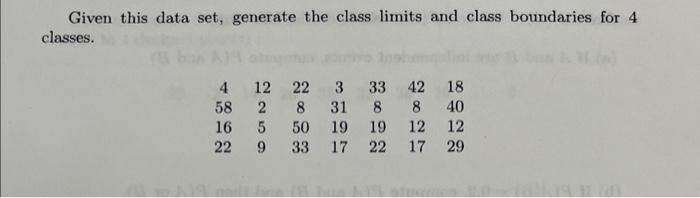 Solved Given this data set, generate the class limits and | Chegg.com