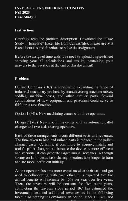 INSY 3600 - ENGINEERING ECONOMY Fall 2023 Case Study | Chegg.com