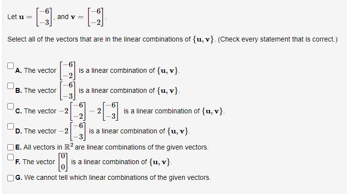 Solved Let u=[-6-3], ﻿and v=[-6-2].Select all of the vectors | Chegg.com