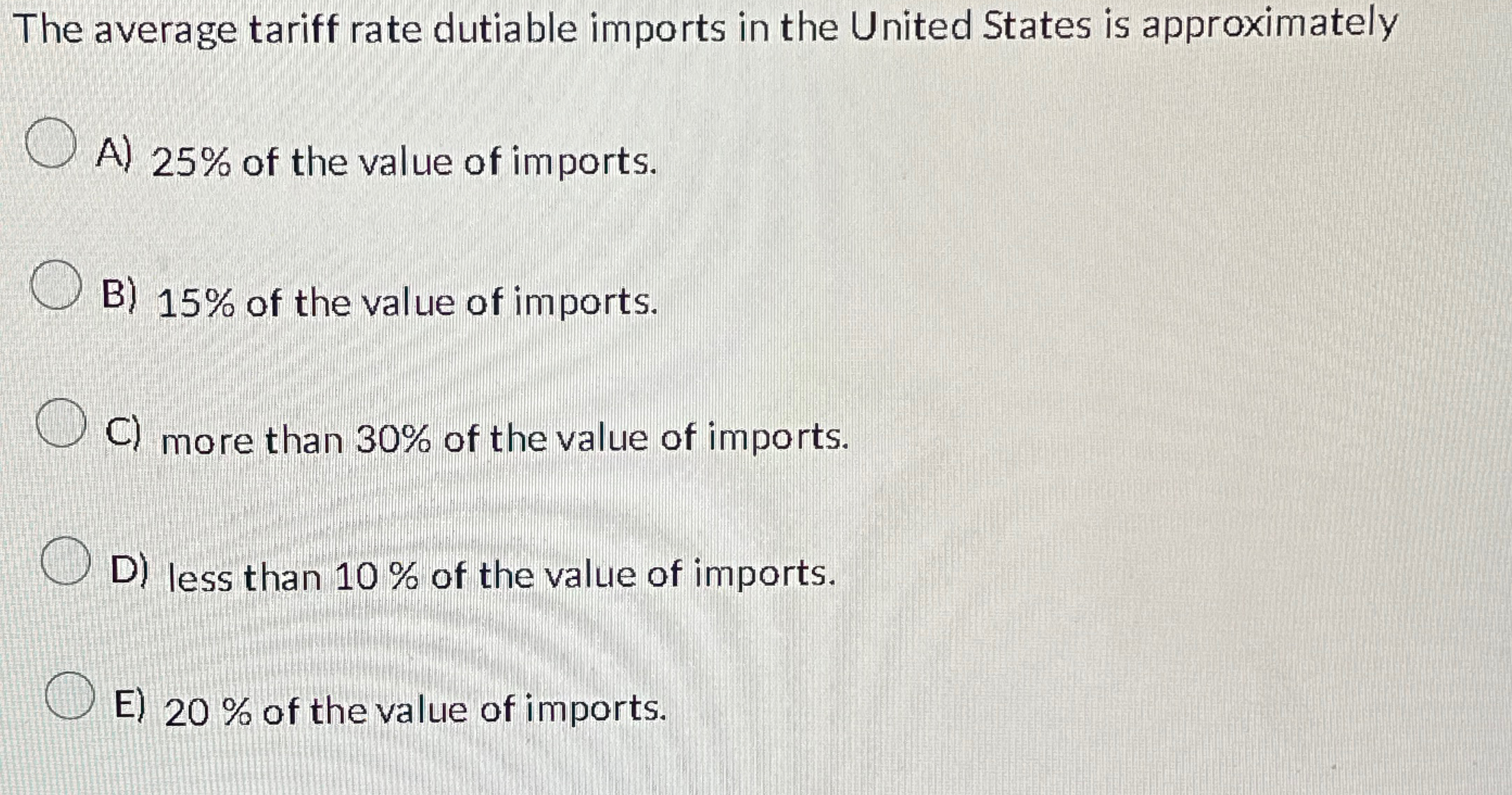 Solved The average tariff rate dutiable imports in the | Chegg.com