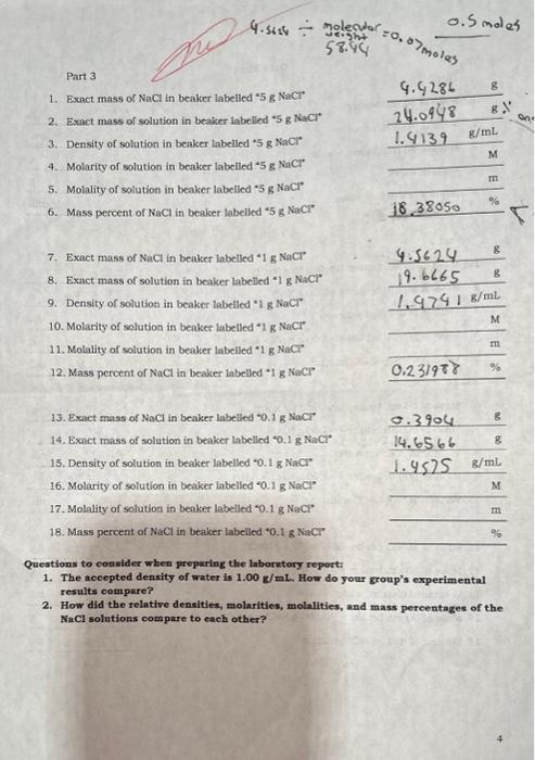 31. Exact mass of NaCl in beaker labelled "5 g NaCl" | Chegg.com