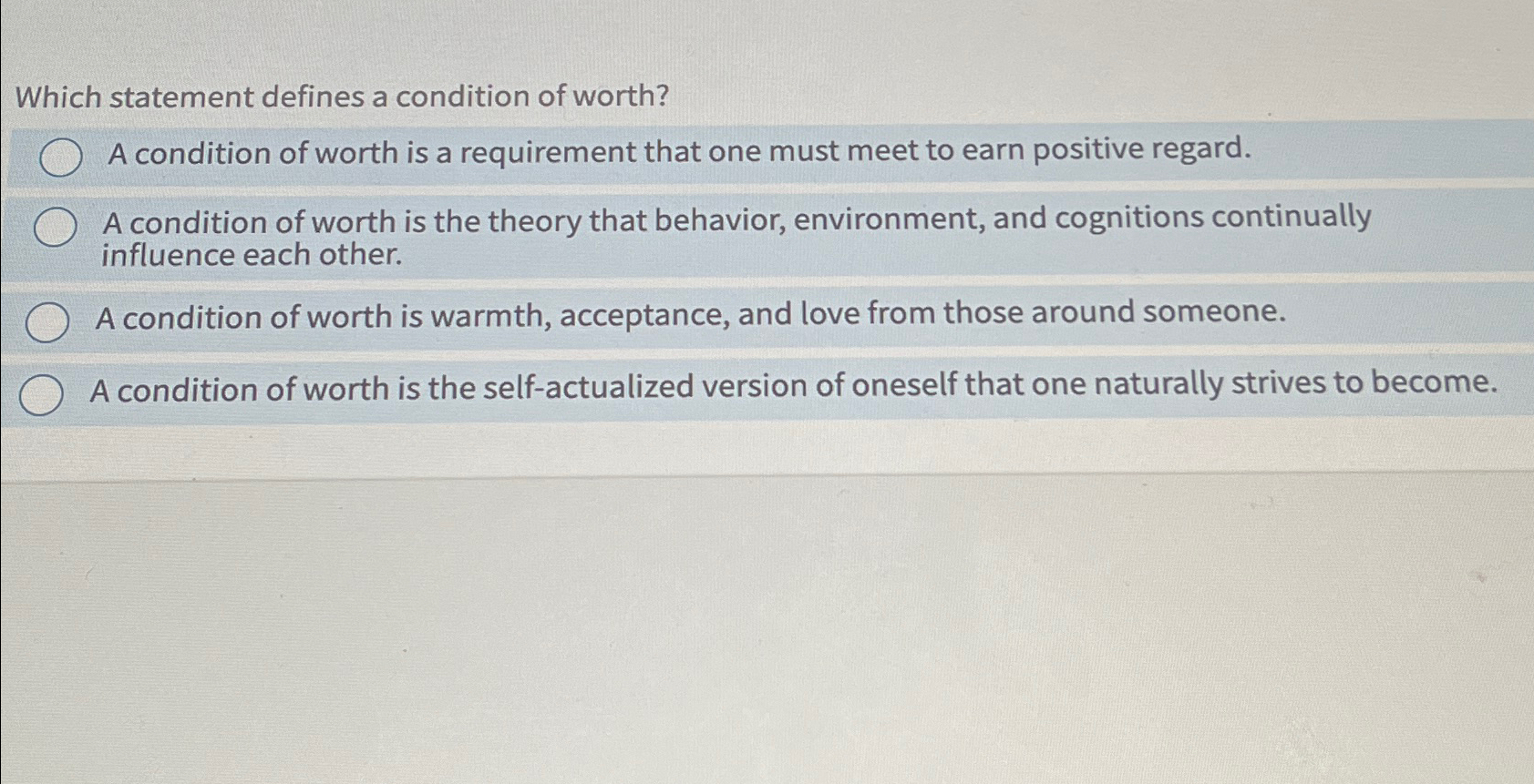 Solved Which statement defines a condition of worth?A | Chegg.com