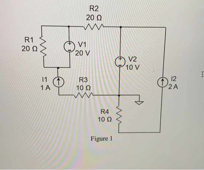 Solved R2 20 Ω R1 20 Ω V1 20 V V2 10V 11 1A R3 10 Ω 12 2Α R4 | Chegg.com