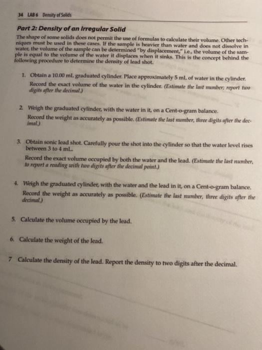 Solved 34 LAB6 Density of Solids Part 2: Density of an | Chegg.com