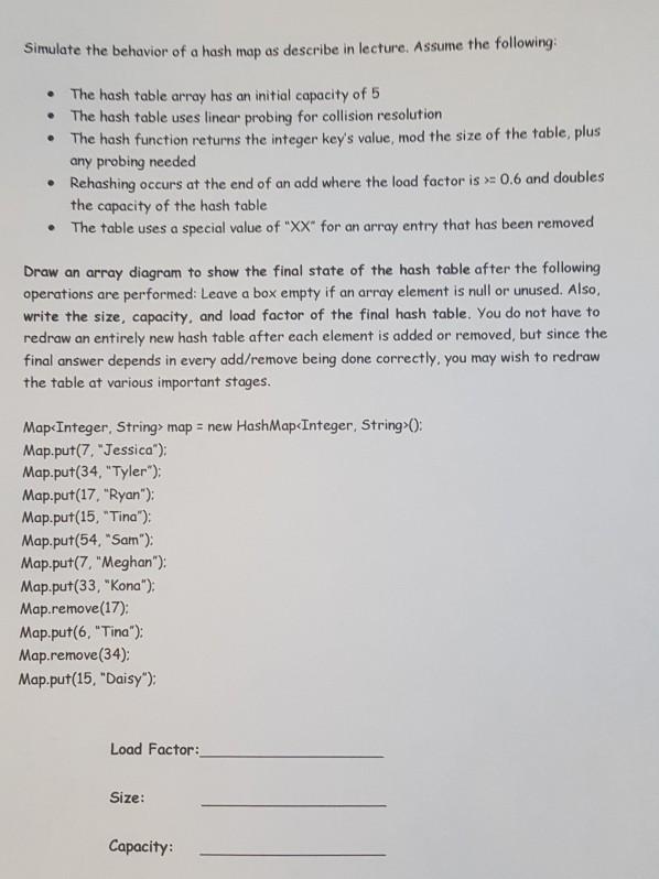 Solved Simulate the behavior of a hash map as describe in | Chegg.com