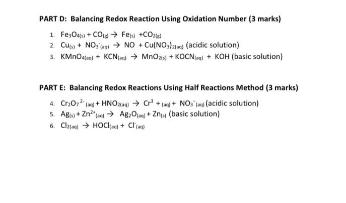 Solved PART D: Balancing Redox Reaction Using Oxidation | Chegg.com