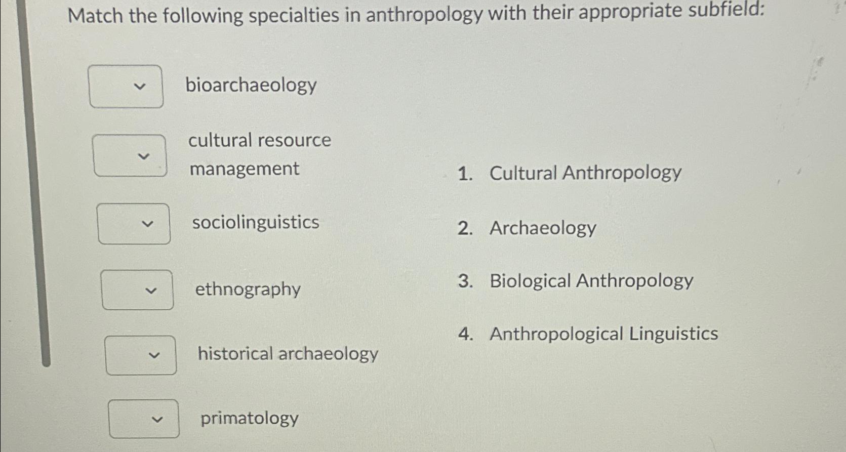 Solved Match the following specialties in anthropology with | Chegg.com