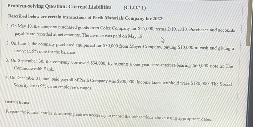 Solved Problem-solving Question: Current Liabilities(CLO# | Chegg.com