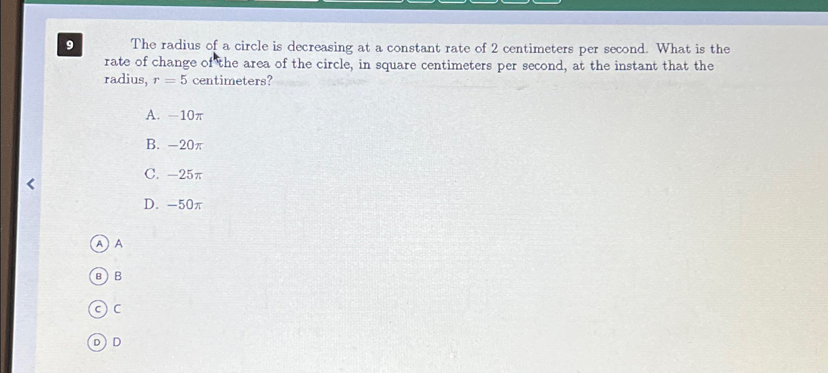 Solved 9The radius of a circle is decreasing at a constant | Chegg.com