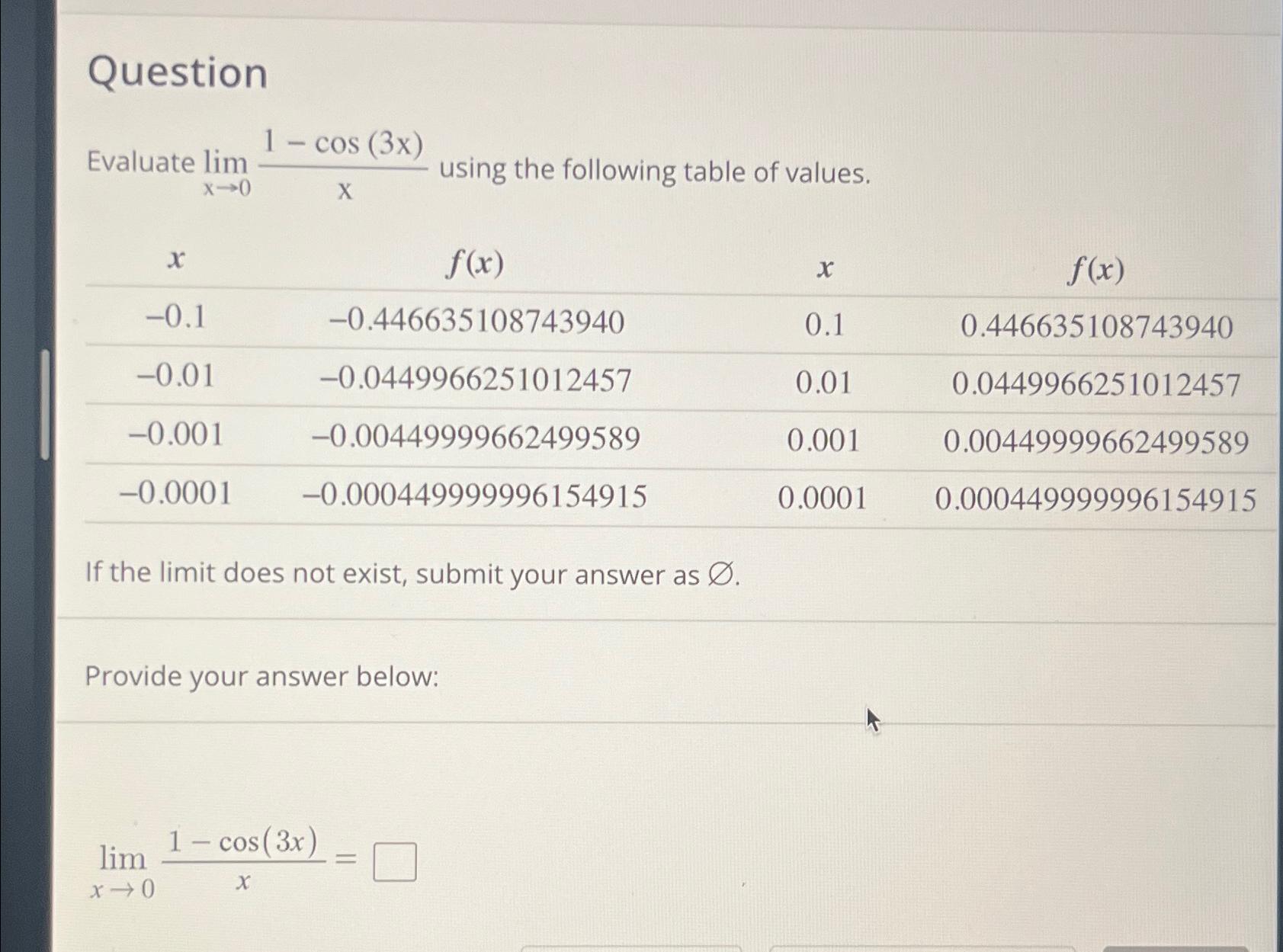 Solved QuestionEvaluate limx→01-cos(3x)x ﻿using the | Chegg.com