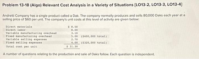 Solved Problem 13-18 (Algo) Relevant Cost Analysis in a | Chegg.com
