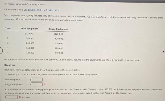 Solved Net Present Value and Competing Projects For discount | Chegg.com